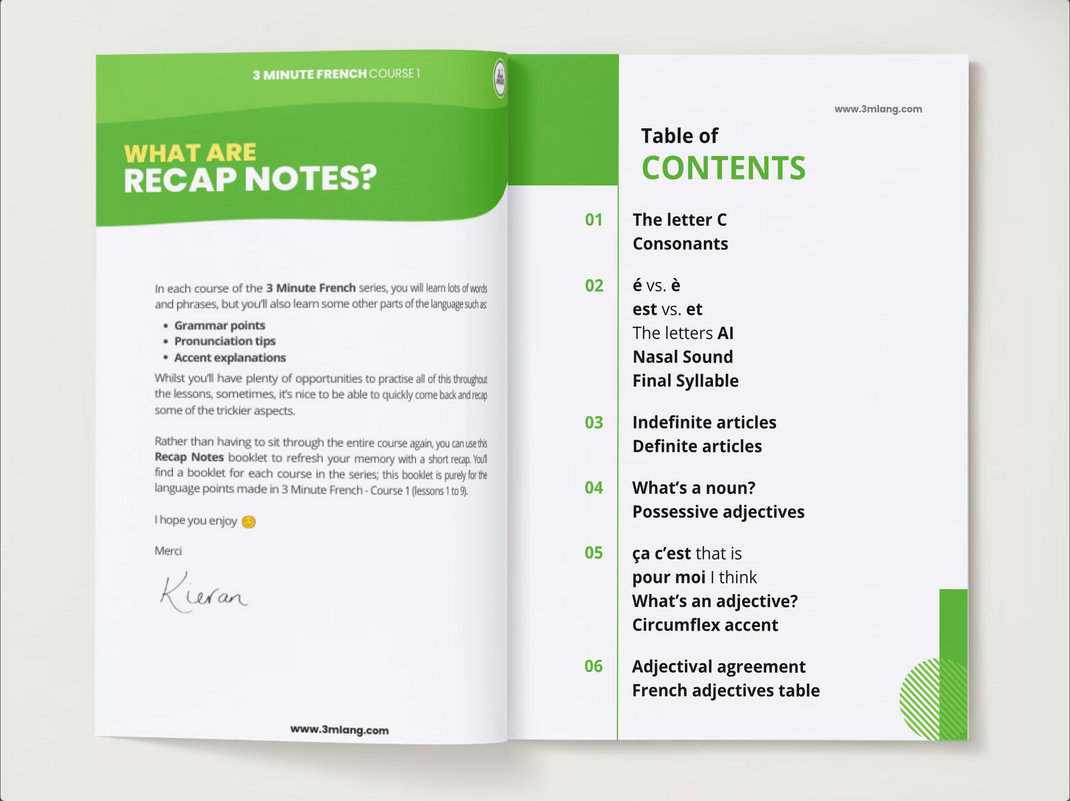 Recap Notes | 3 Minute French - Course 1 – 3 Minute Languages