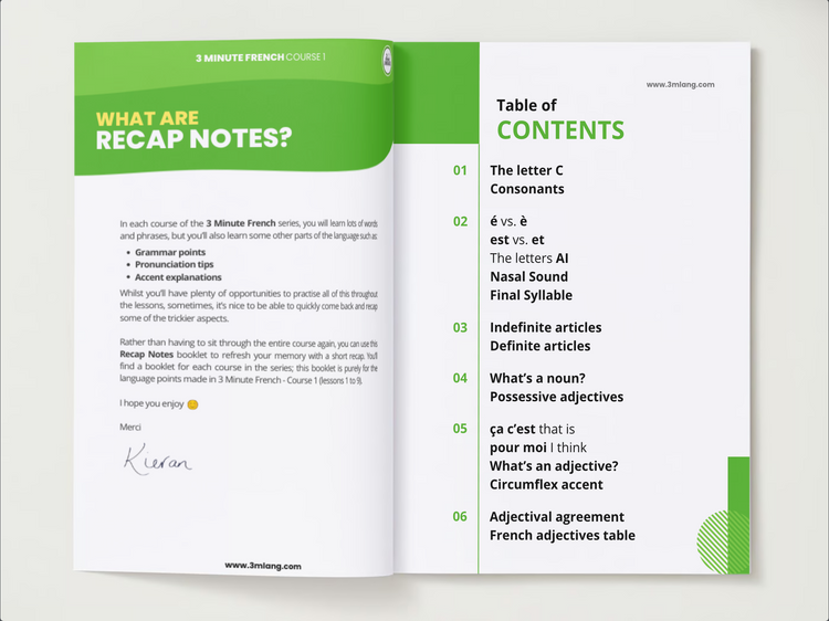 Recap Notes | 3 Minute French - Course 1 – 3 Minute Languages